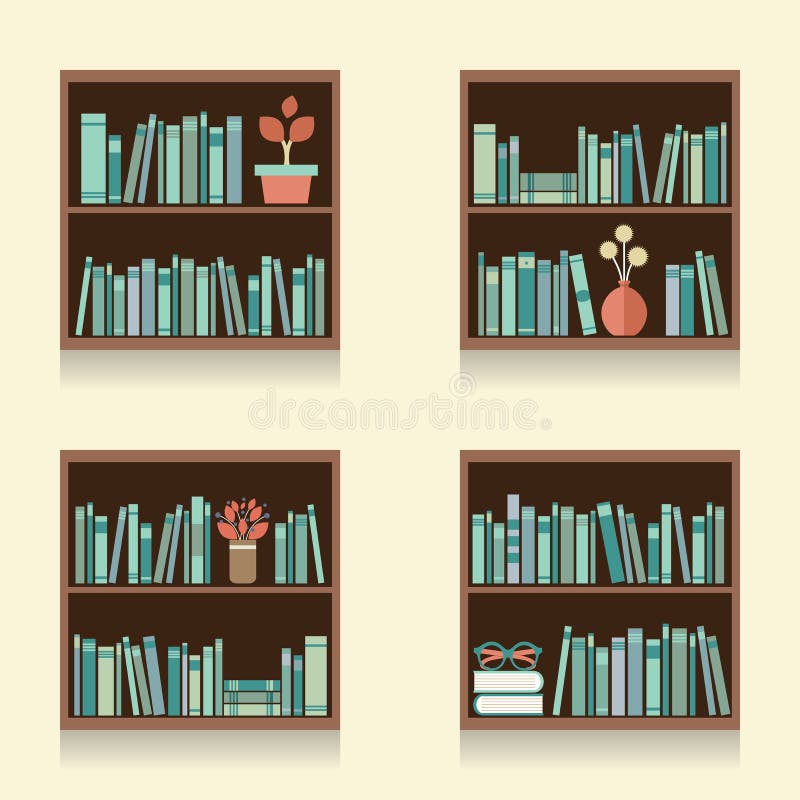 Set of Wooden Bookshelves on Wall Stock Vector - Illustration of books ...