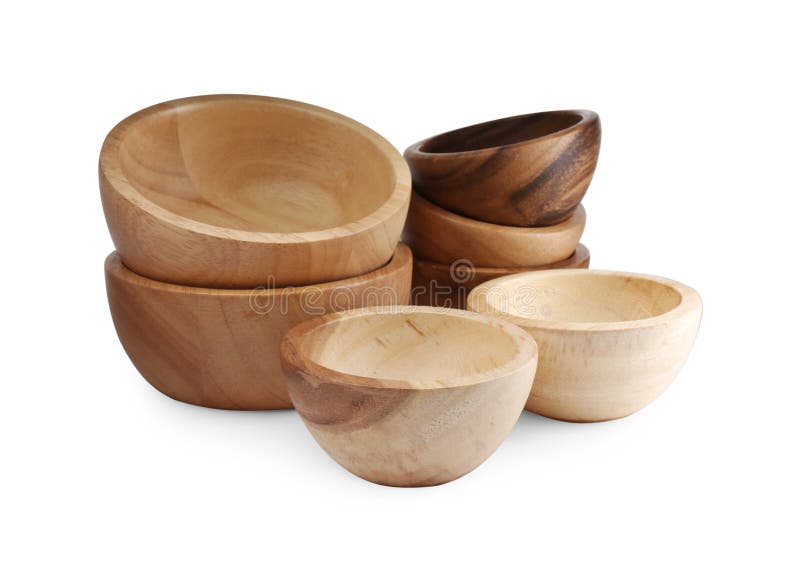 Set of Wooden Bowls on White Background Stock Image - Image of design ...