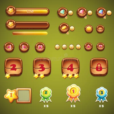 Set of Wooden Buttons, Progress Bars, and Other Elements for Web Design ...