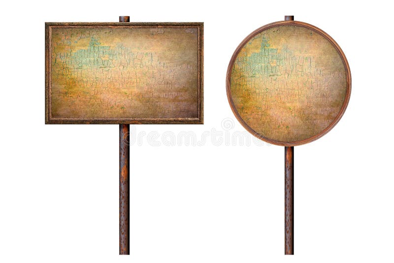 Set Wooden Empty Dirty Sign on Rusty Pole. Rectangular and Round Frame ...