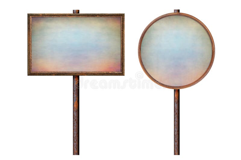 Set Wooden Empty Dirty Sign on Rusty Pole. Rectangular and Round Frame ...