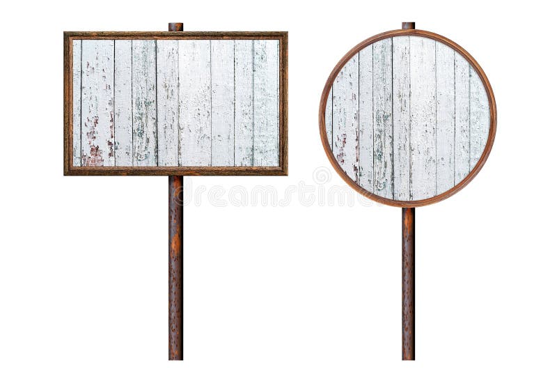 Set Wooden Empty Dirty Sign on Rusty Pole. Rectangular and Round Frame ...