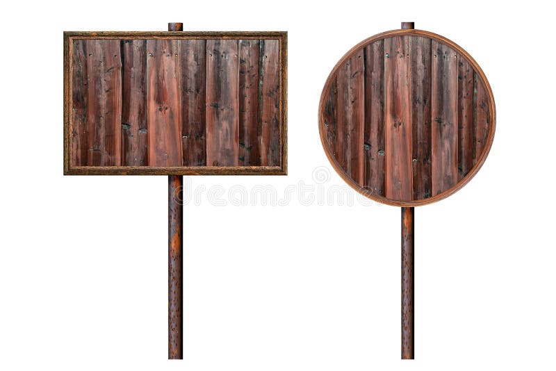 Set Wooden Empty Dirty Sign on Rusty Pole. Rectangular and Round Frame ...