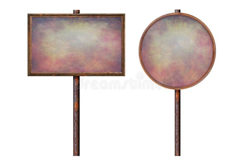 Set Wooden Empty Dirty Sign on Rusty Pole. Rectangular and Round Frame ...
