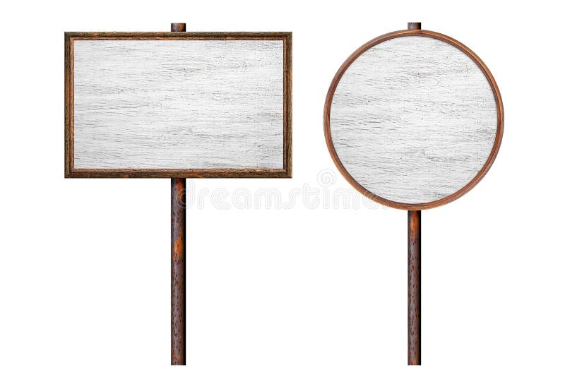 Set Wooden Empty Dirty Sign on Rusty Pole. Rectangular and Round Frame ...