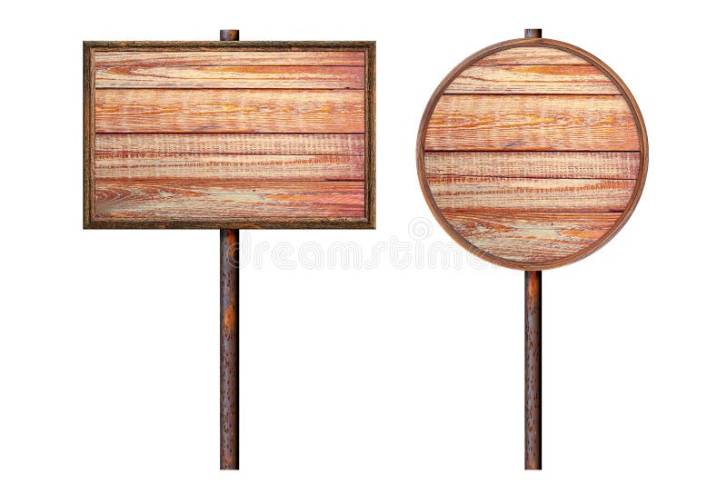 Set Wooden Empty Dirty Sign on Rusty Pole. Rectangular and Round Frame ...