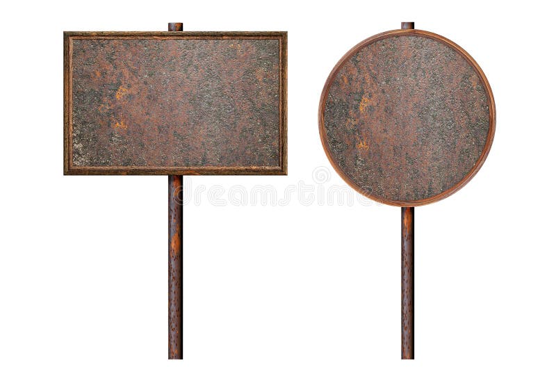 Set Wooden Empty Dirty Sign on Rusty Pole. Rectangular and Round Frame ...