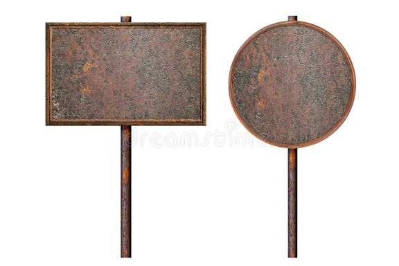 Set Wooden Empty Dirty Sign on Rusty Pole. Rectangular and Round Frame ...