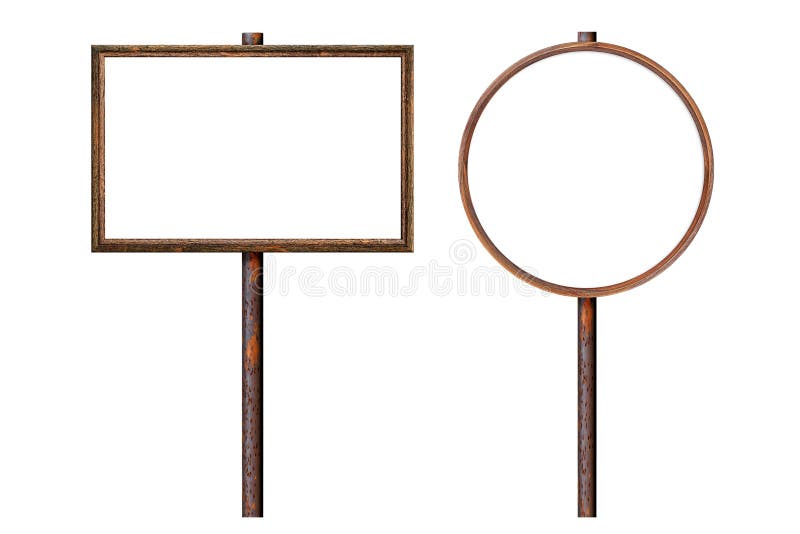 Set Wooden Empty Dirty Sign on Rusty Pole. Rectangular and Roundframe ...