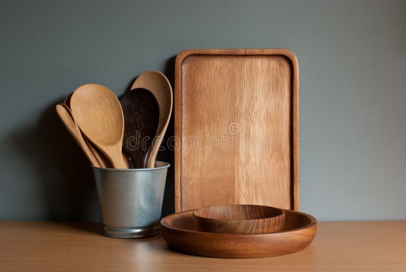 A Set of Wooden Kitchen Utensils Placed on a Wooden Table, Horizontal ...