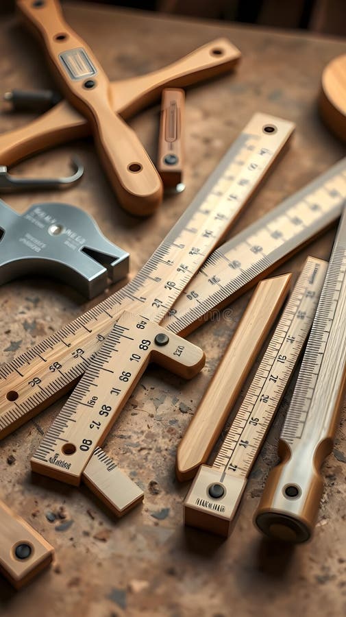 A Set of Wooden Measuring Tools Laid Out on a Work Surface Stock ...