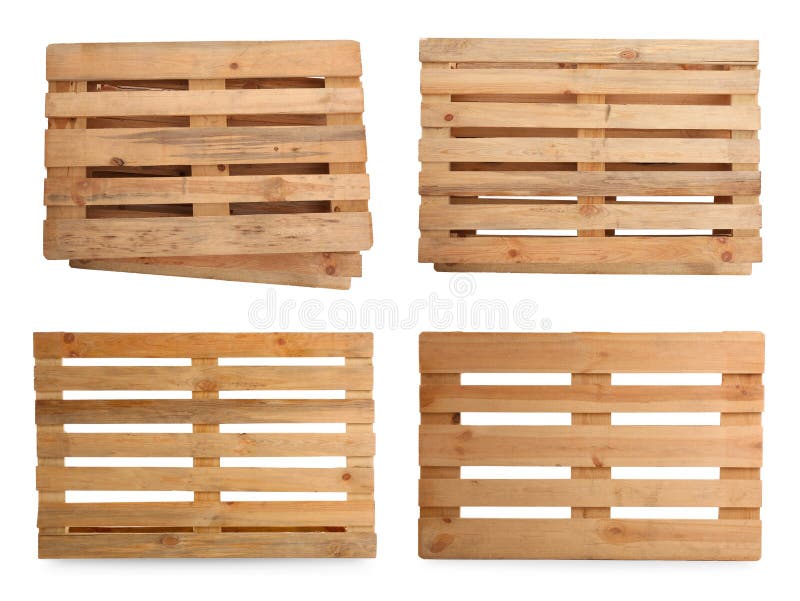 Set with Wooden Pallets on White Background Stock Photo - Image of ...