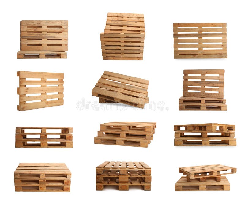 Set with Wooden Pallets on White Background Stock Photo - Image of load ...
