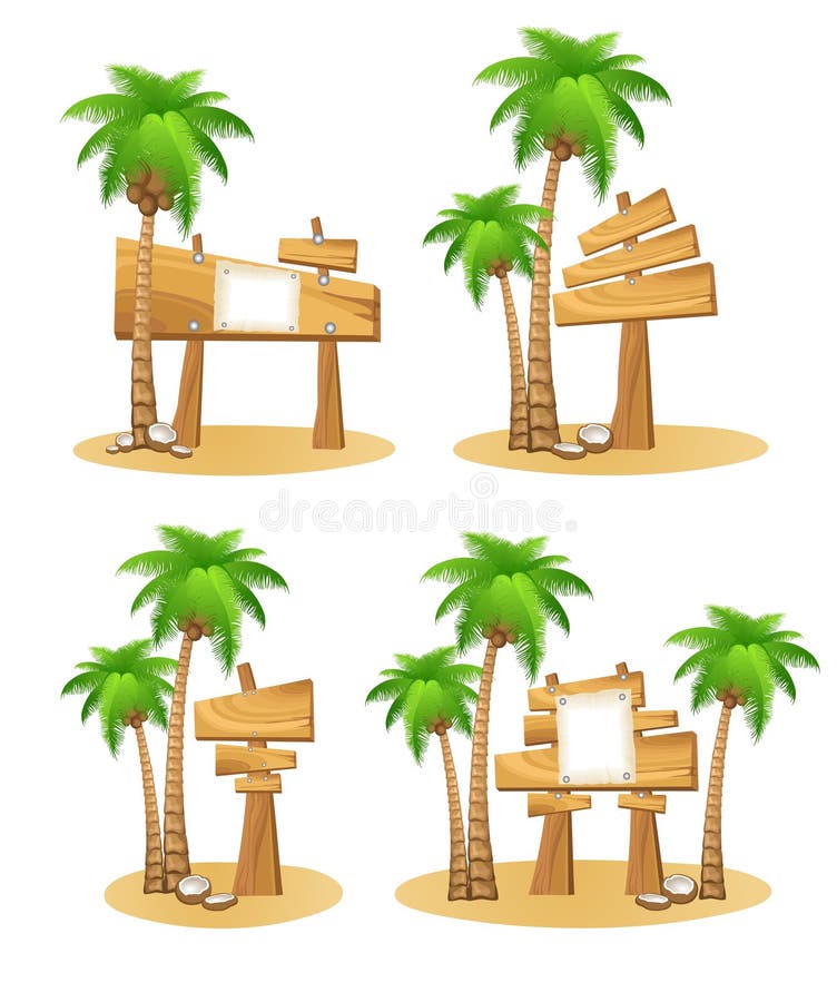 Palm trees and wooden sign stock vector. Illustration of leaf - 14037423
