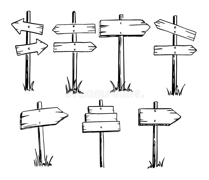 Set of Wooden Signs. Isolated Hand Drawings on a White Background ...