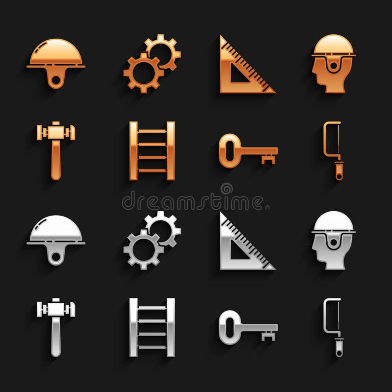 Set Wooden Staircase, Worker Safety Helmet, Hacksaw, Old Key, Hammer ...