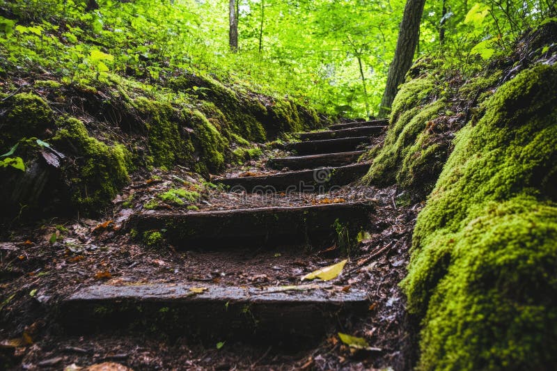 A Set of Wooden Steps Leading into Dense Woods Stock Photo - Image of ...