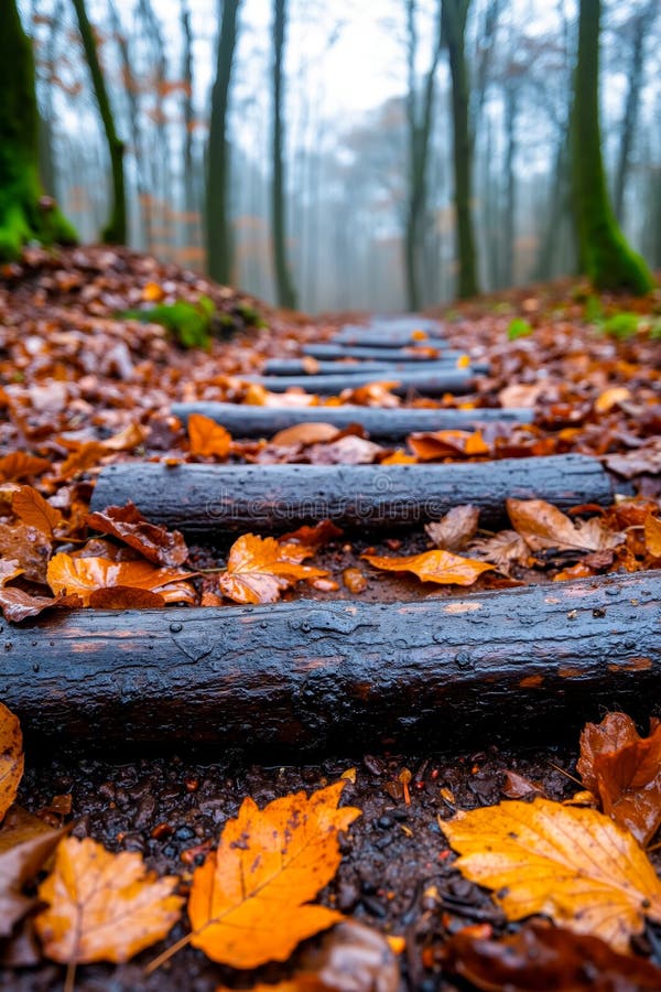 A Set of Wooden Steps in the Middle of a Forest Covered in Leaves Stock ...