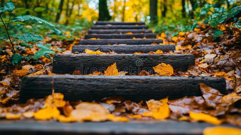 A Set of Wooden Steps in the Woods Covered in Leaves Stock Photo ...
