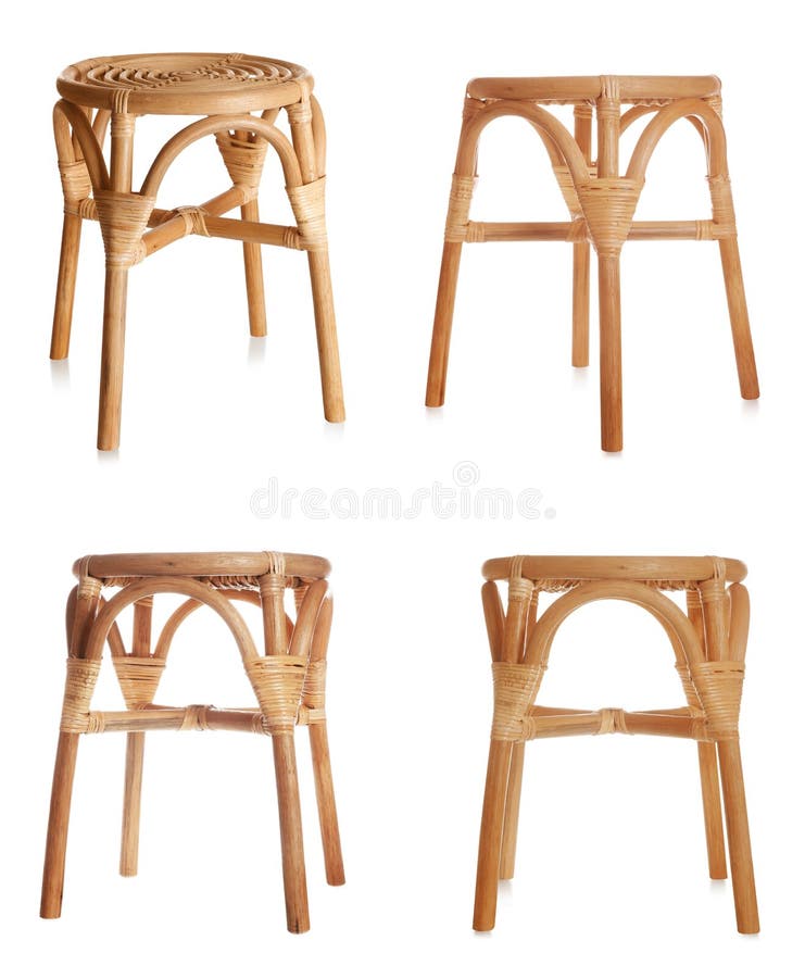 Set with Wooden Stools on White Background Stock Image - Image of ...