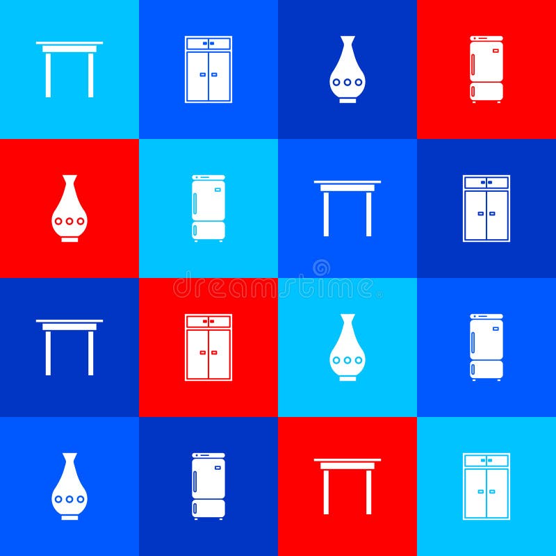 Set Wooden Table, Wardrobe, Vase and Refrigerator Icon. Vector Stock ...