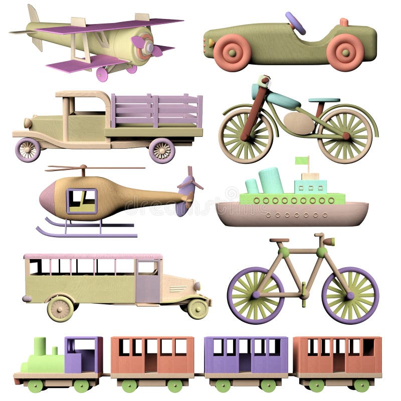 Set of Wooden Transportation Toys Stock Illustration - Illustration of ...