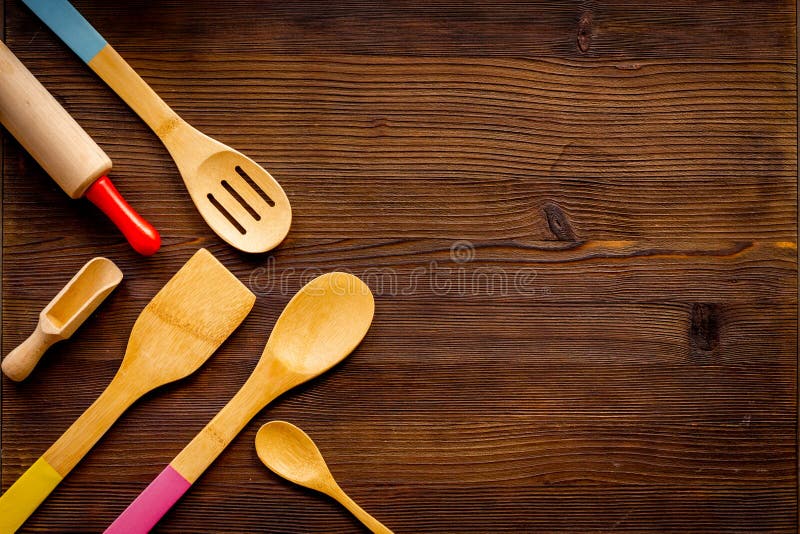 Set of Wooden Utensils and Cookware Tools, Top View Stock Photo - Image ...