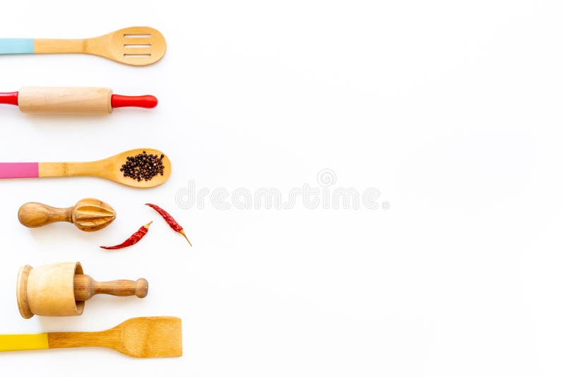 Set of Wooden Utensils and Cookware Tools, Top View Stock Photo - Image ...