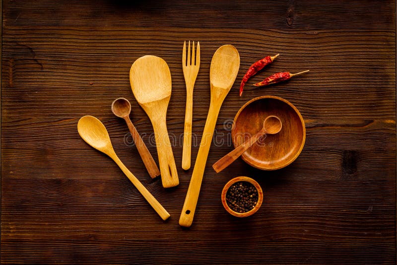 Set of Wooden Utensils and Cookware Tools, Top View Stock Photo - Image ...
