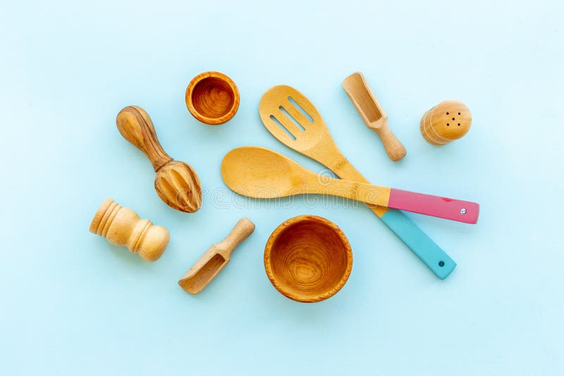Set of Wooden Utensils and Cookware Tools, Top View Stock Image - Image ...