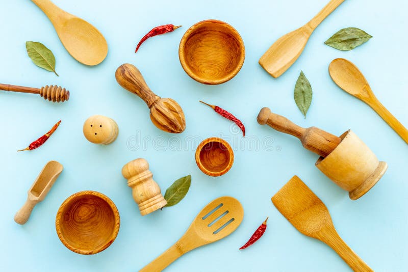 Set of Wooden Utensils and Cookware Tools, Top View Stock Photo - Image ...