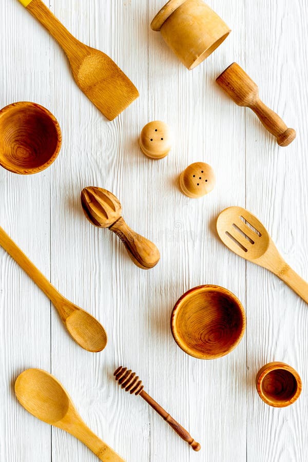Set of Wooden Utensils and Cookware Tools, Top View Stock Image - Image ...