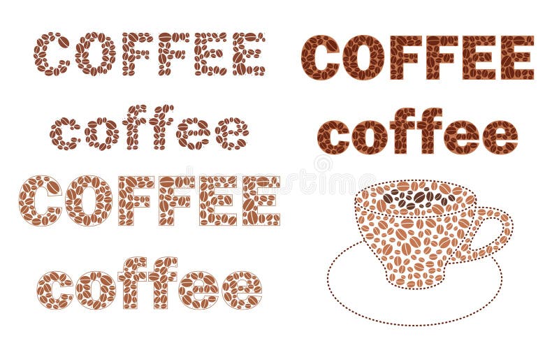 Set of Words Coffee with Brown Grains and Cup - Vector Stock Vector ...