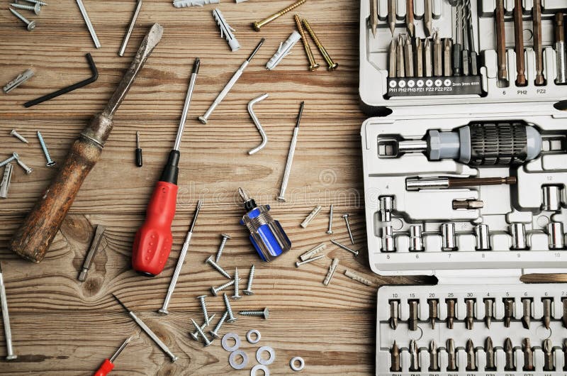 Set of Work Tools in the Box on a Wooden Table Horizontal Stock Photo ...