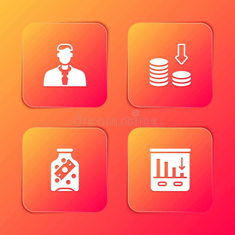 Set Worker, Dollar Rate Decrease, Glass Money Jar with Coin and Pie Chart Infographic Icon ...