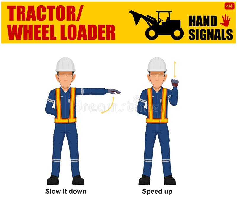 Set of Worker Present Tractor WHeel Loader Hand Signal on White ...