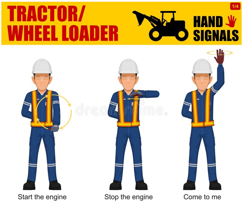 Set of Worker Present Tractor WHeel Loader Hand Signal on White ...