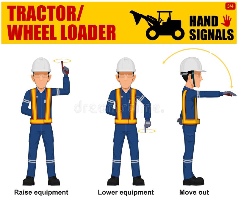 Set of Worker Present Tractor WHeel Loader Hand Signal on White ...