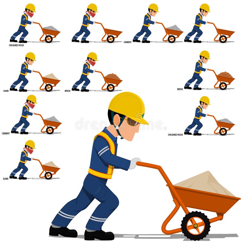 Set of Worker is Pushing with Construction Material Sand ,cement ...