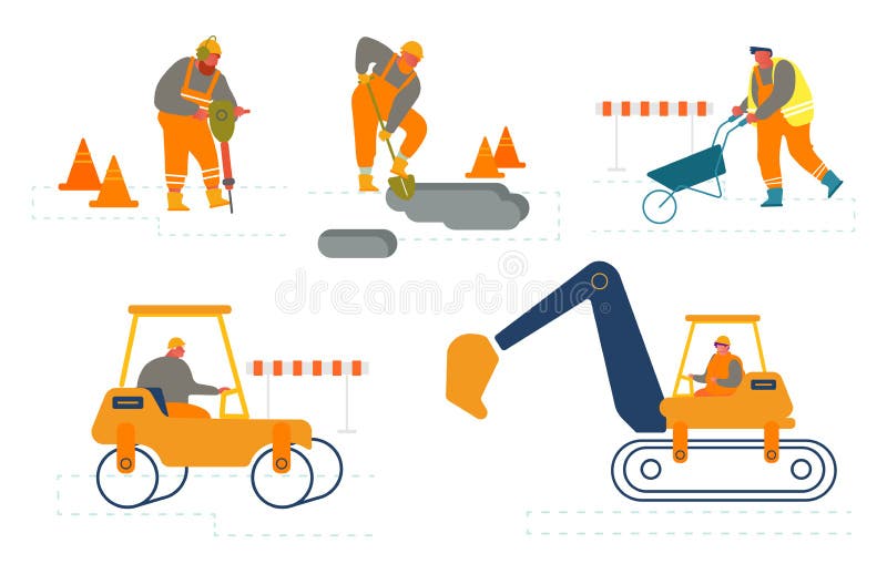 Set of Workers on Road Repair Construction. Roller Machine, Excavator ...