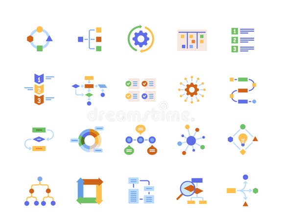 Set of Workflow Related Icons. Colorful Signs with Algorithm, Strategy ...