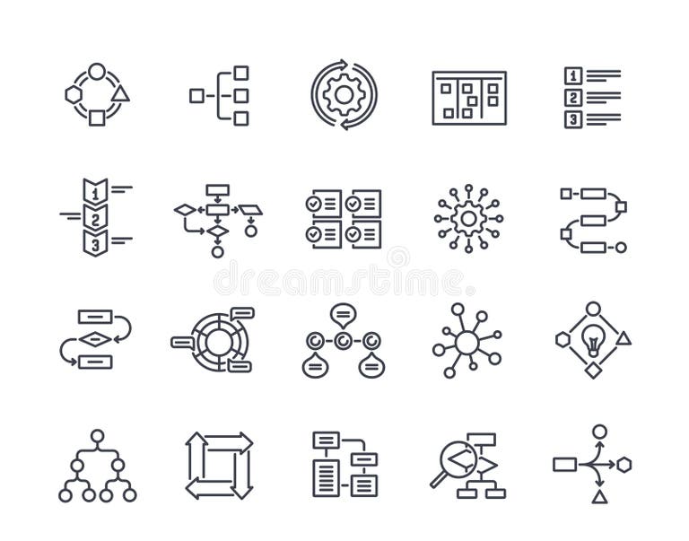 Set of Workflow Related Line Icons. Simple Symbols with Algorithm, Strategy, Processing and ...