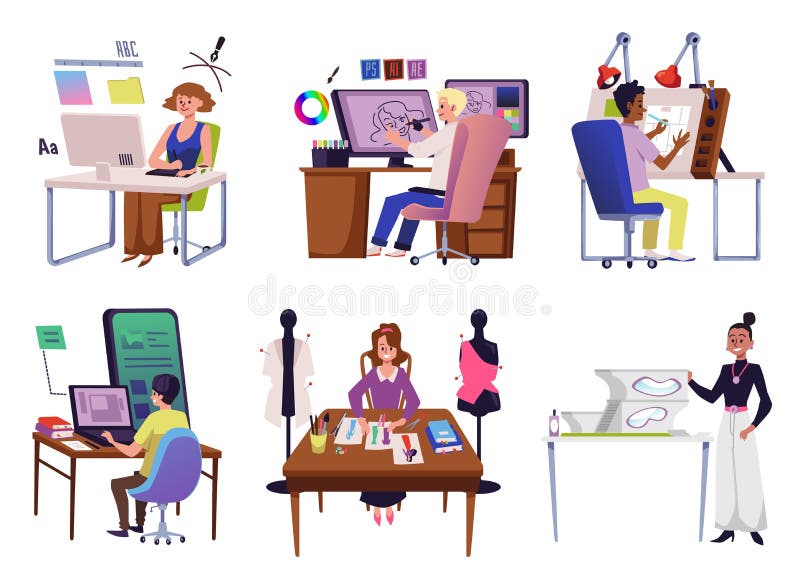 Set of Working Designer Characters from Different Fields Flat Style ...