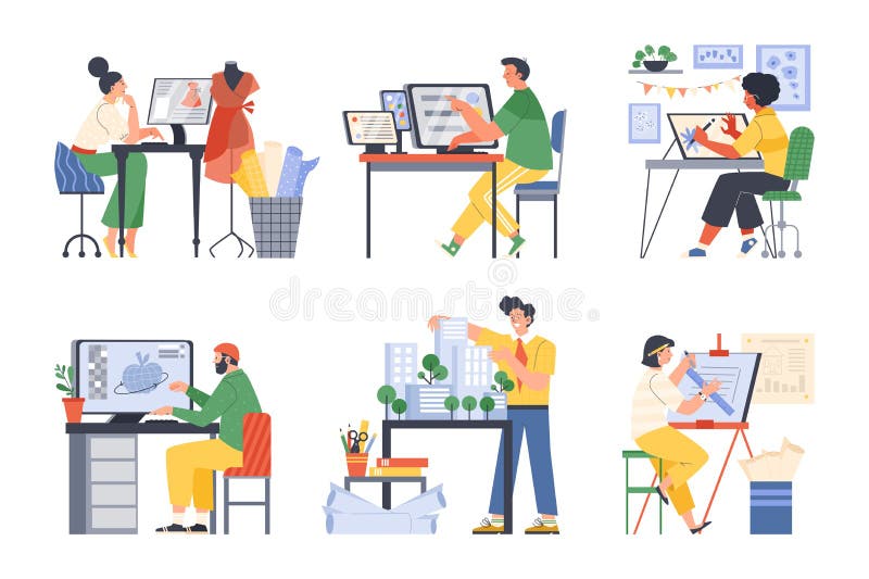 Set of Working Designer Characters in Various Fields Flat Style Stock ...