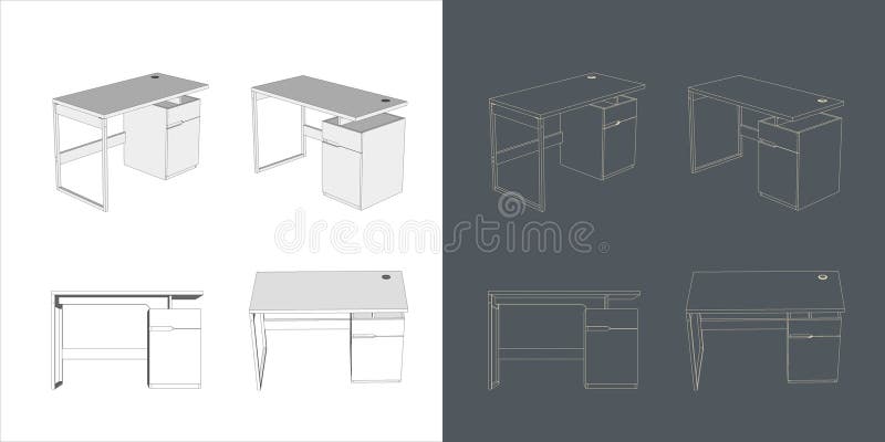 Set of Working Table Wireframe Furniture Vector for Workspace, Study ...