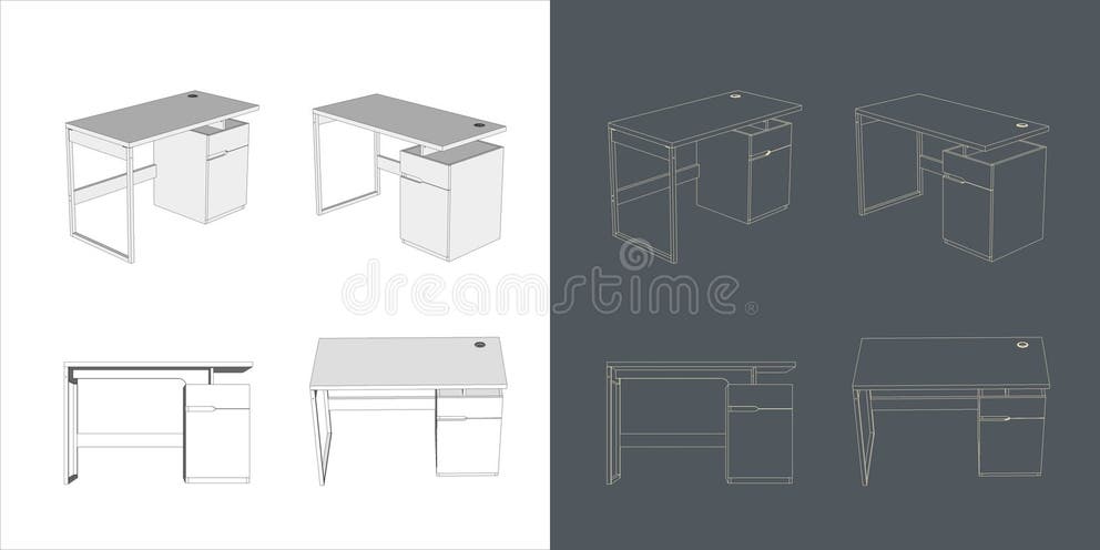Set of Working Table Wireframe Furniture Vector for Workspace, Study ...