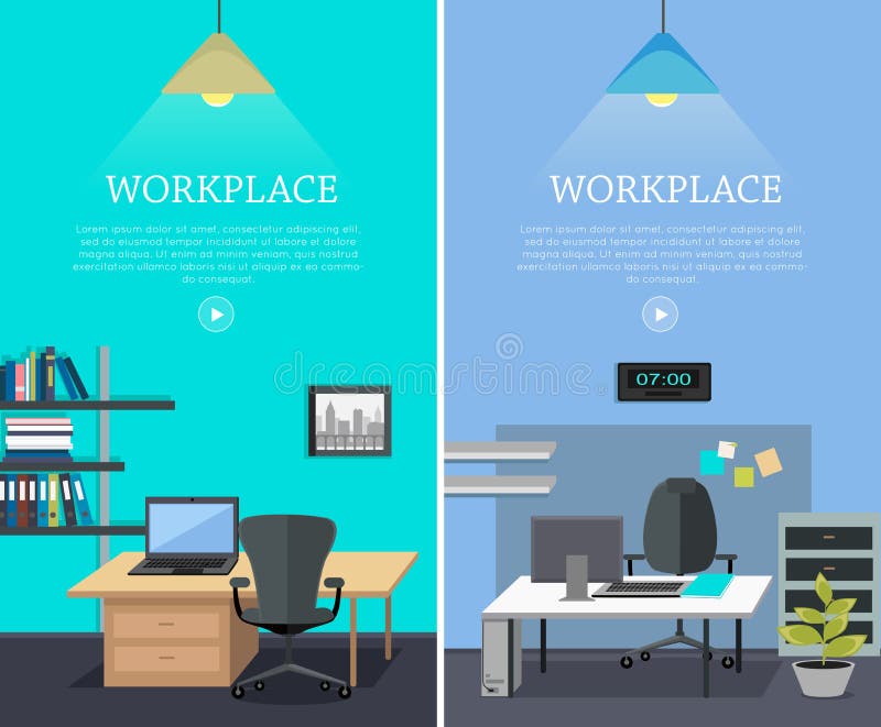 Office Space Banner Horizontal Set, Flat Style Stock Vector ...