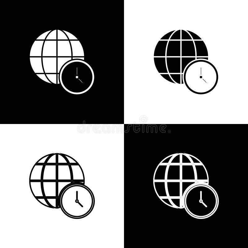 Set World Time Icon Isolated on Black and White Background. Clock and ...