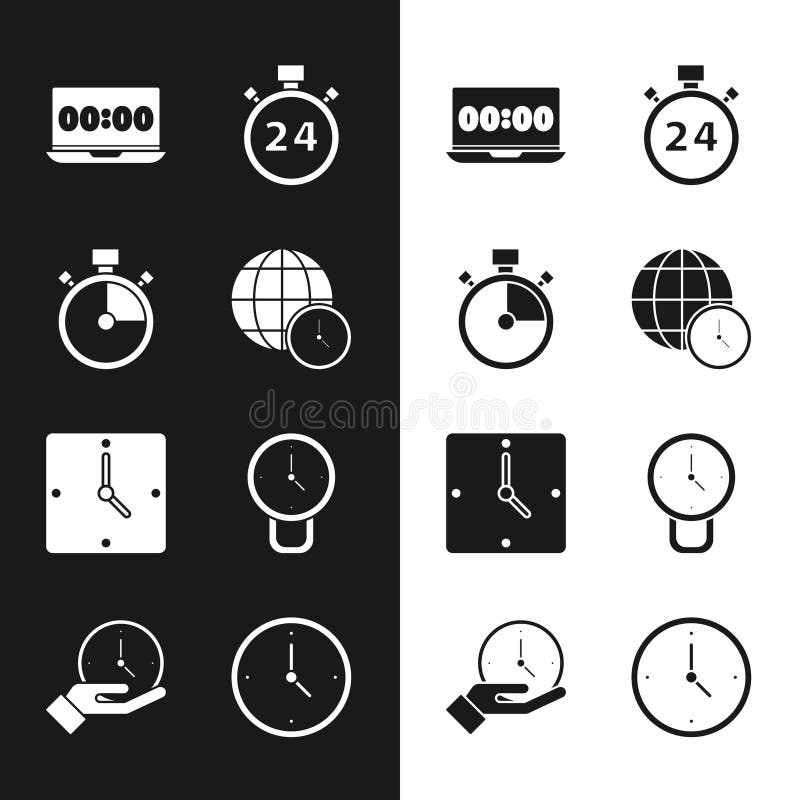 Set World Time, Stopwatch, Clock on Laptop, 24 Hours, and Icon. Vector ...