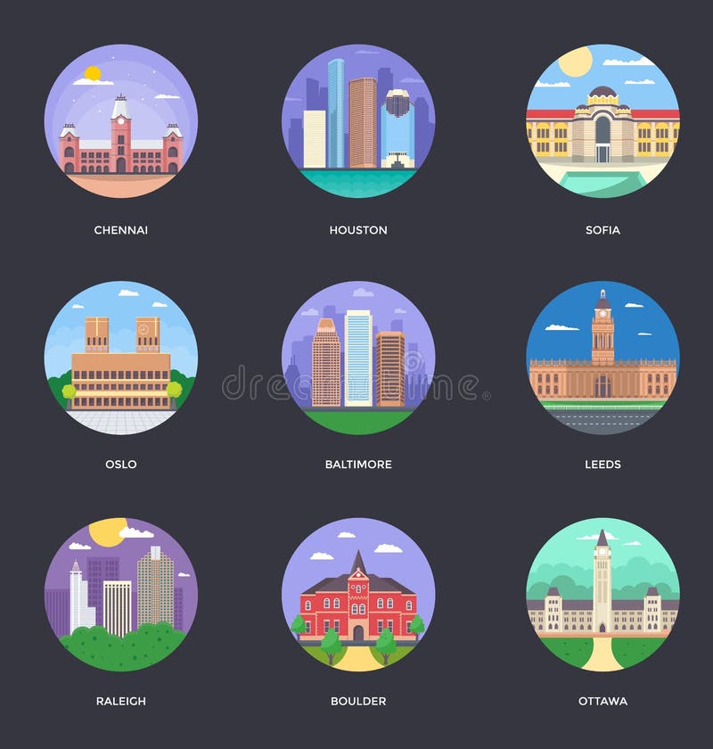 World Cities Illustration Vector Set Stock Illustration - Illustration ...